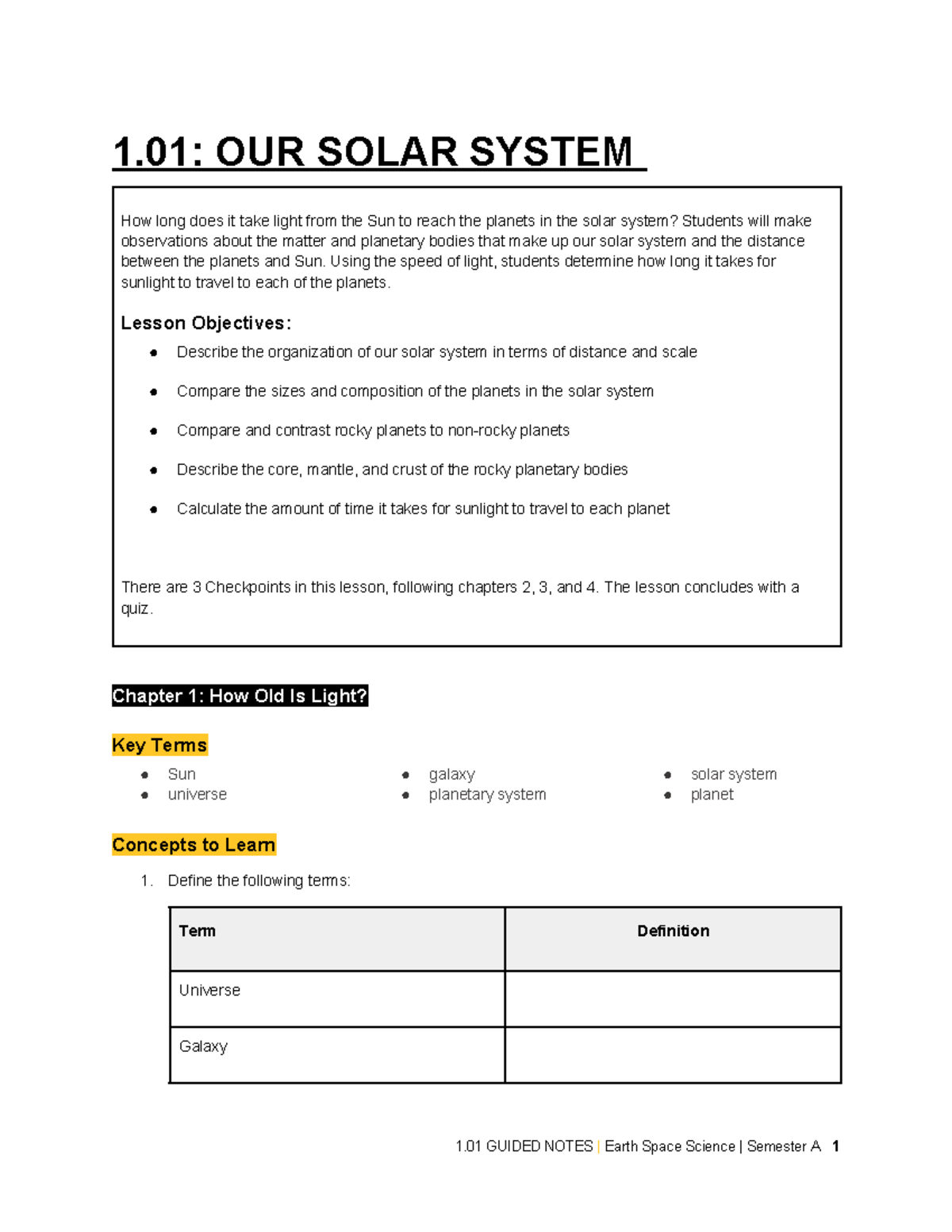 ESS+1.01+Guided+Notes - 1: OUR SOLAR SYSTEM How long does it take light ...