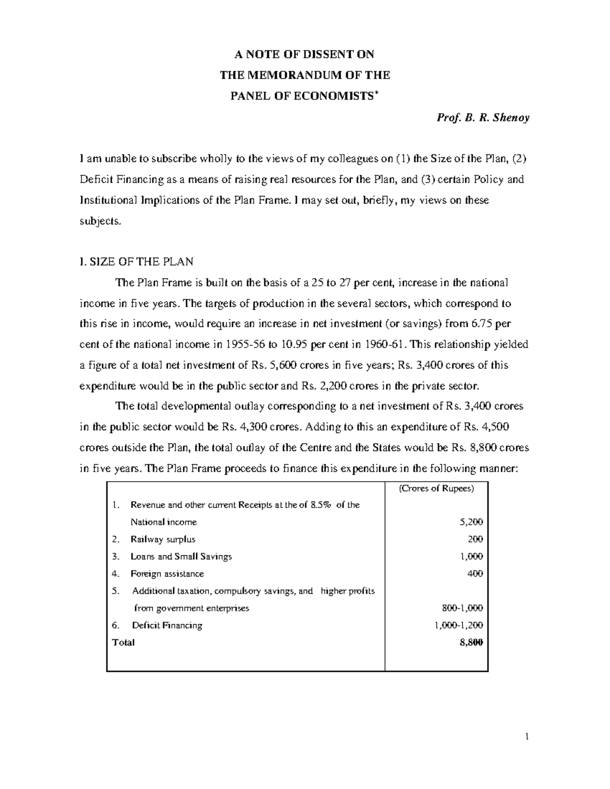 A note of dissent - BR Shenoy - A NOTE OF DISSENT ON THE MEMORANDUM OF ...