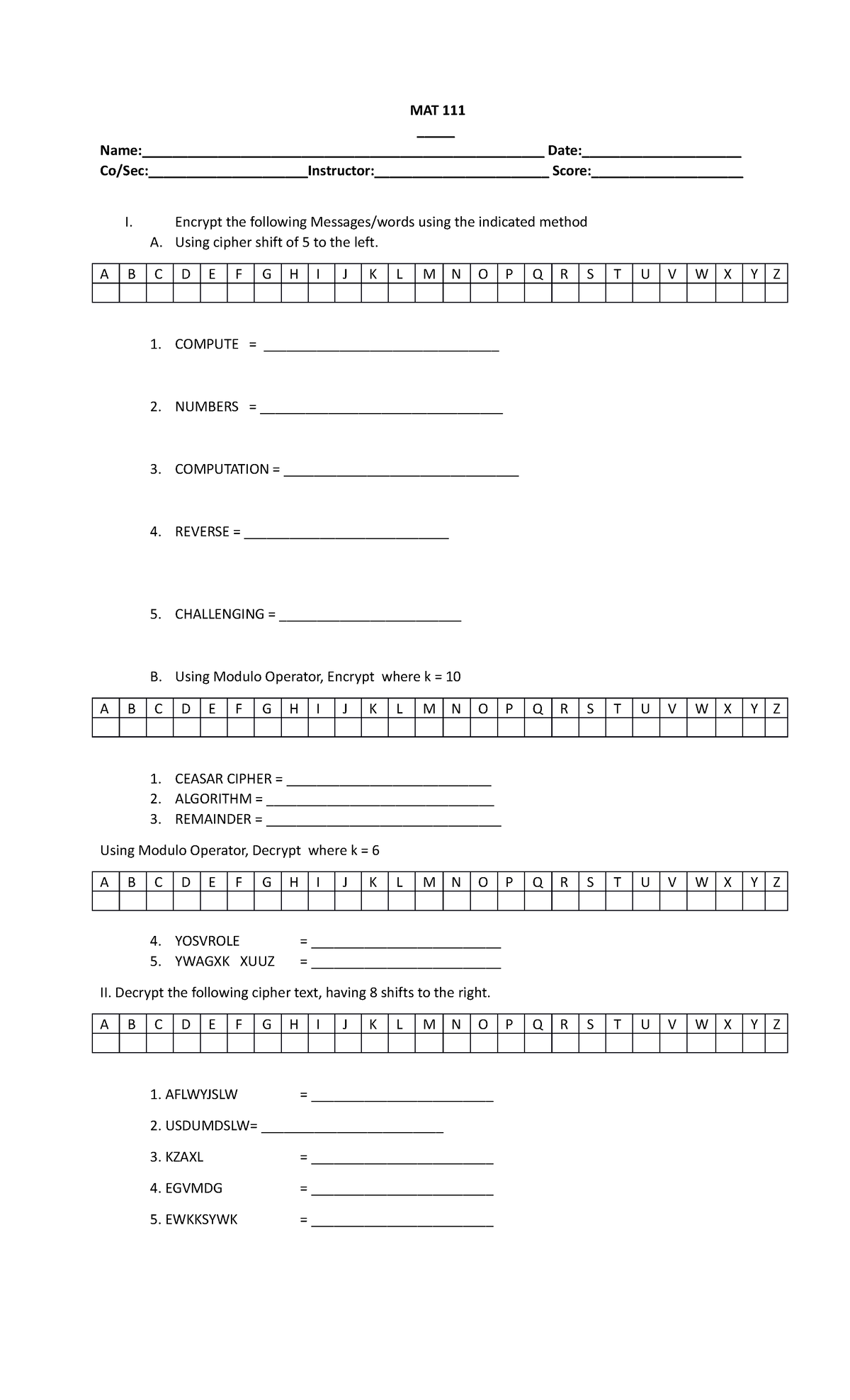MAT-111q3- Cryptography - MAT 111 _____ Name