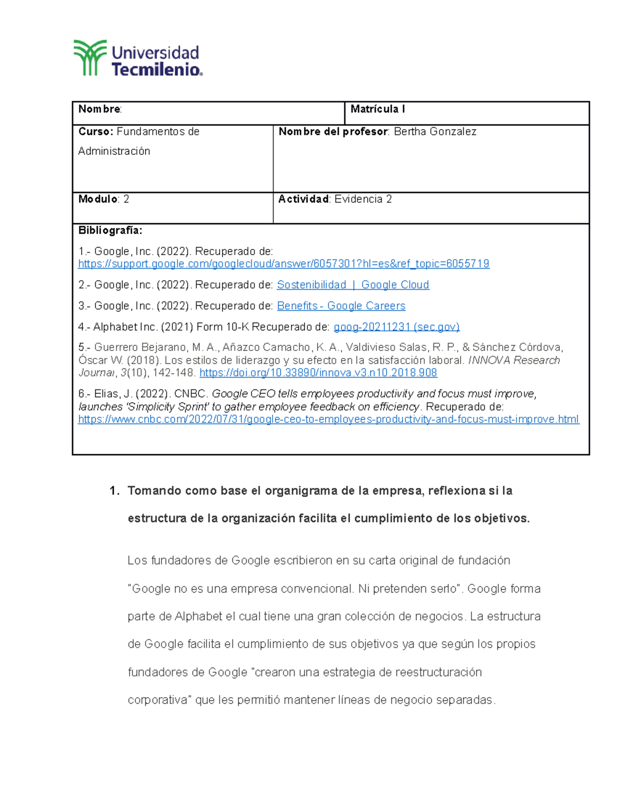 Ev2 - Matematicas financieras - Nombre: Matrícula I Curso: Fundamentos de Administración Nombre ...