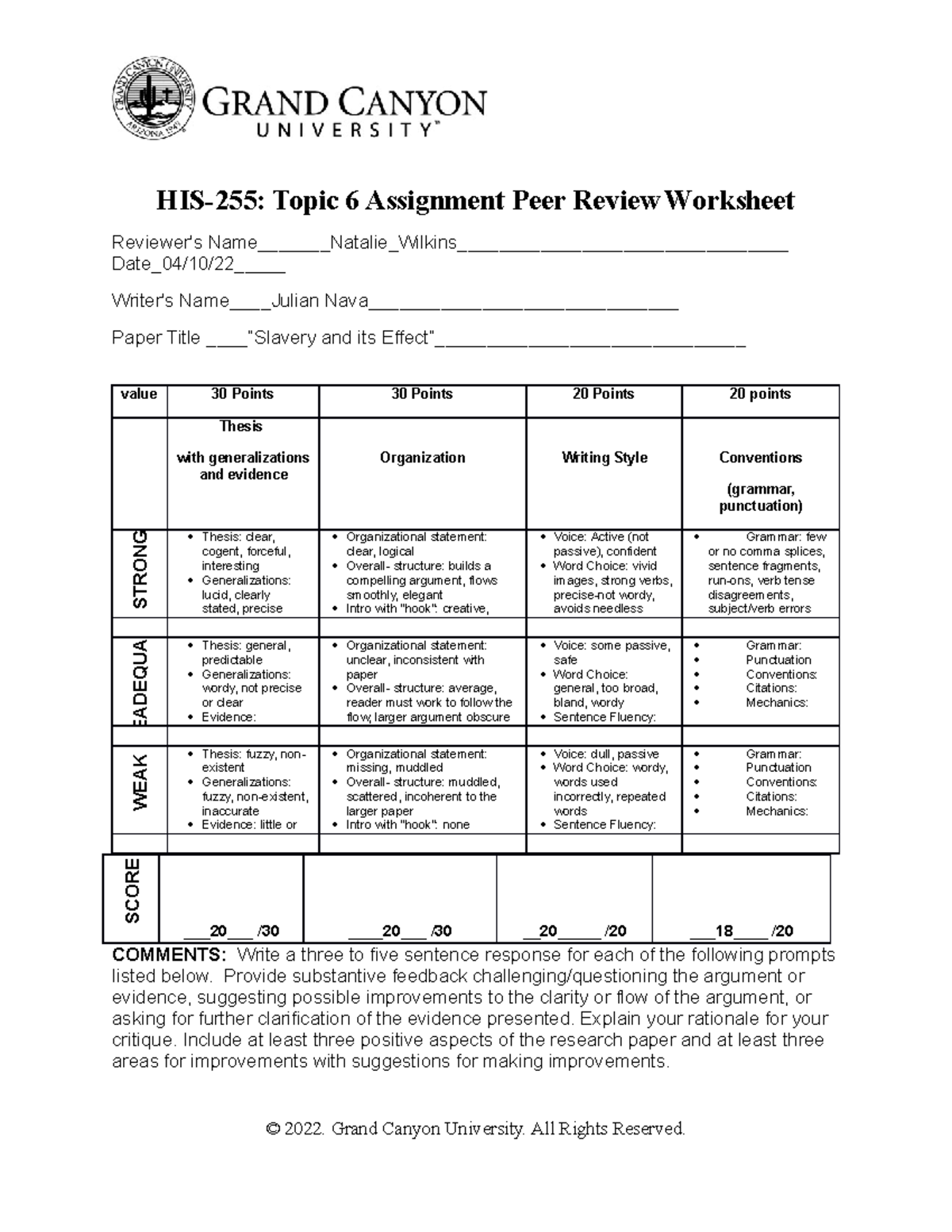 HIS-255-Topic 6 Assignment Peer Review Worksheet - HIS-255: Topic 6 ...