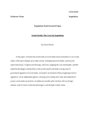 Regulation Research Paper ideas - Daniel Kohen Due: 10/20/ Professor ...