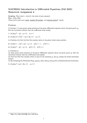 Hw1 - MATH 2351 hw1 - MATH2351 Introduction to Differential Equations ...