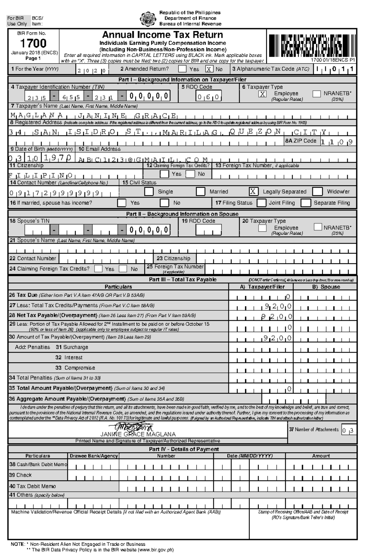 1700 Jan 2018 ENCS v6 Janine Grace Maglana - BIR Form No**.** 1700 ...