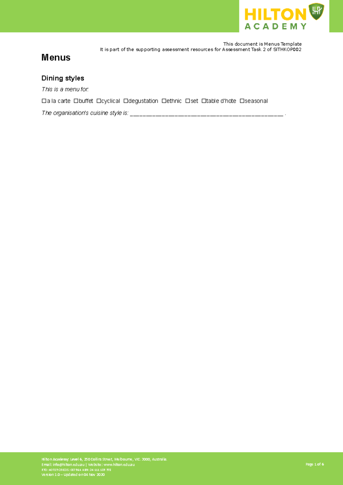 Menus Template for SITHKOP002 Assessment Task 2 - Studocu