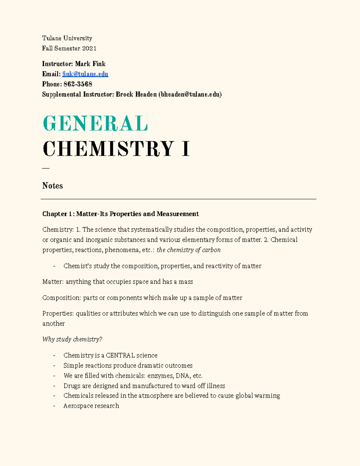 General Chemistry I - Lecture notes 1-21 - CHEM 1070 - Studocu
