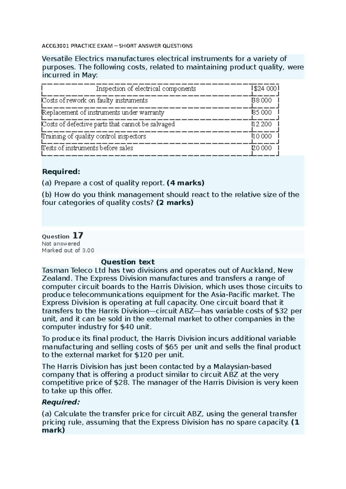 Accg3001 Short answer questions - ACCG3001 PRACTICE EXAM – SHORT ANSWER ...