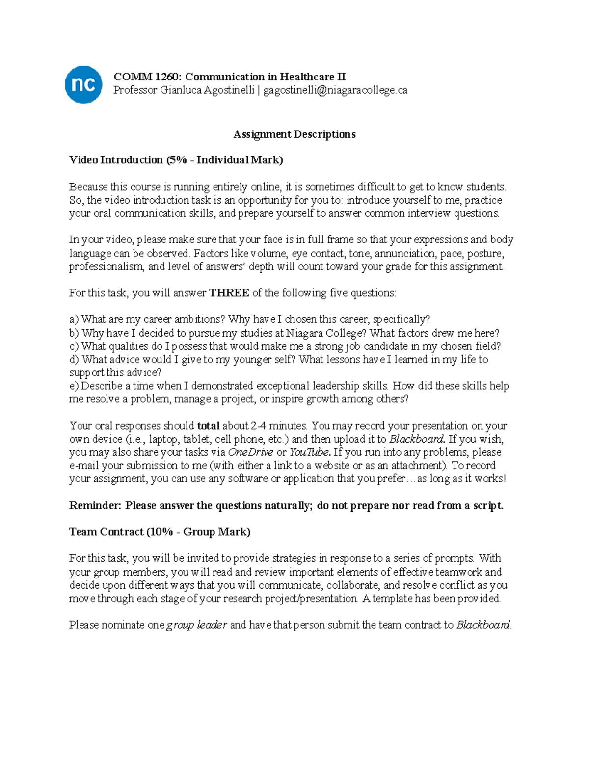 Assignment Descriptions - COMM 1260: Communication in Healthcare II ...