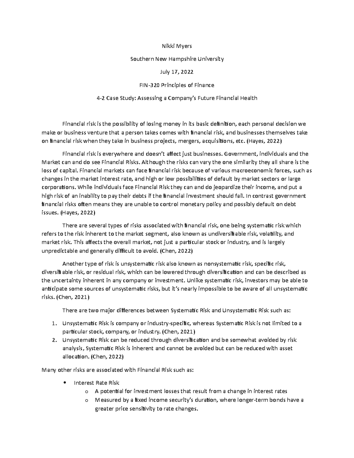 FIN-320 4-2 Case Study - Nikki Myers Southern New Hampshire University ...