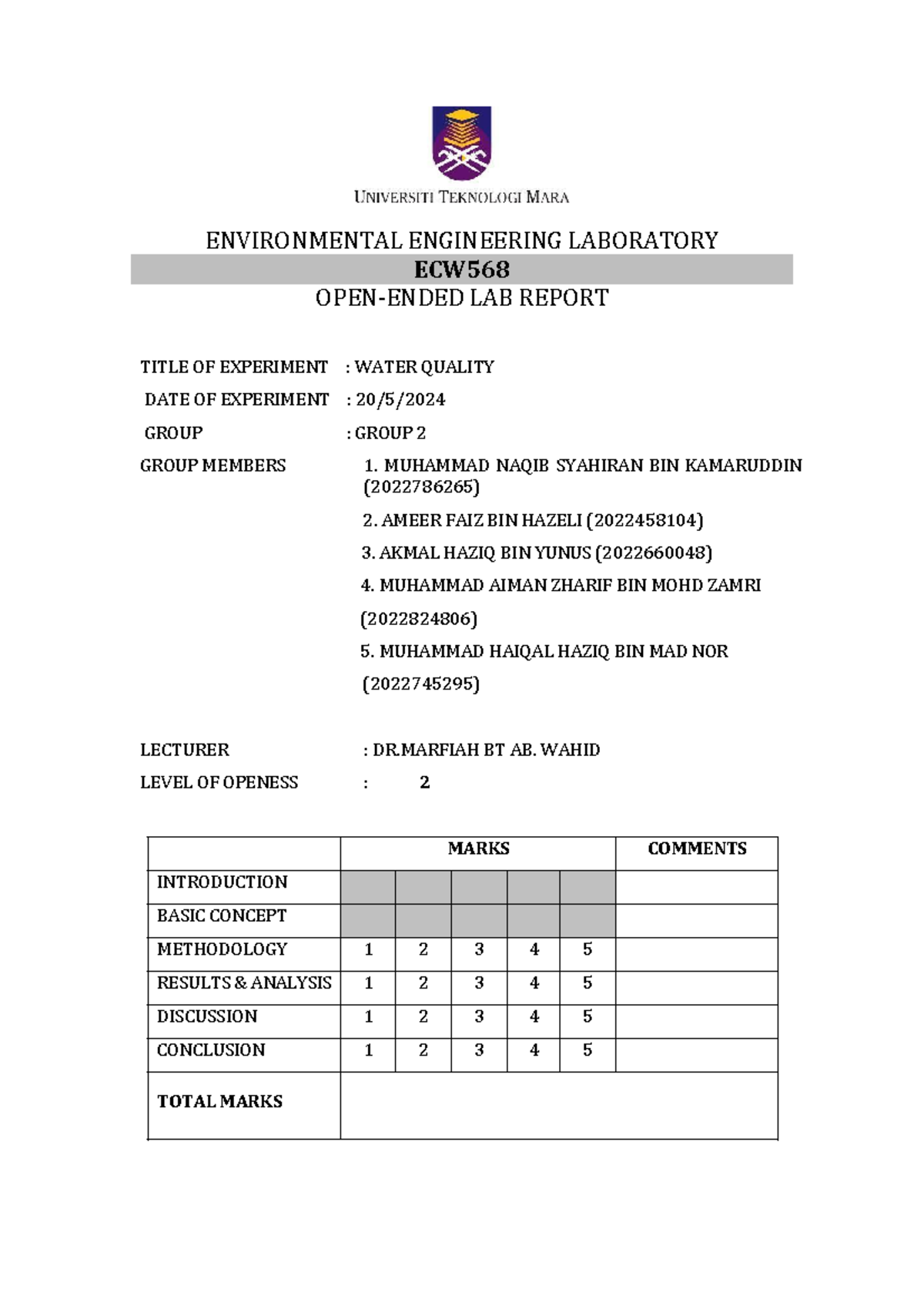 Water Quality Group 2 - ENVIRONMENTAL ENGINEERING LABORATORY ECW OPEN ...