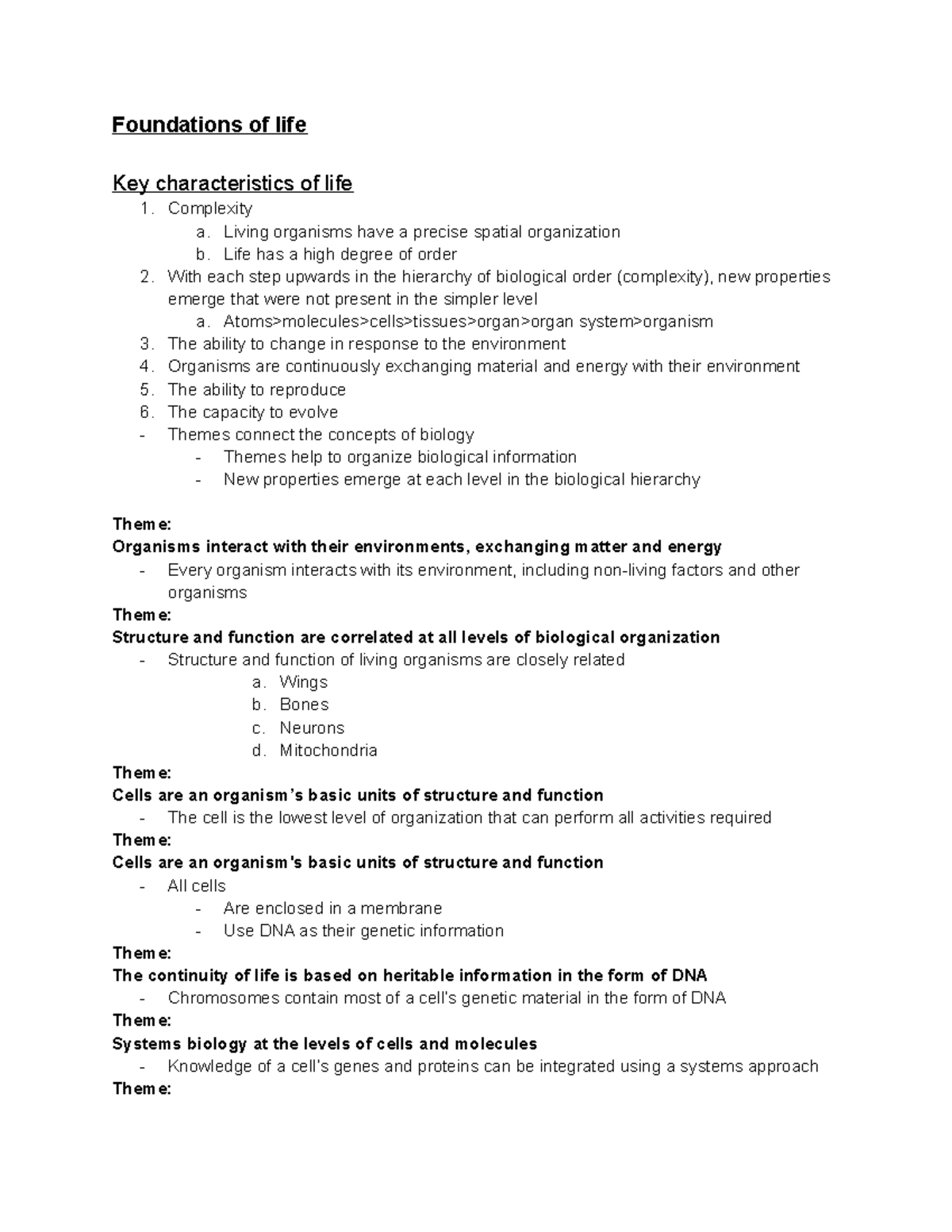 Unit 1 - Lecture notes all - Foundations of life Key characteristics of ...