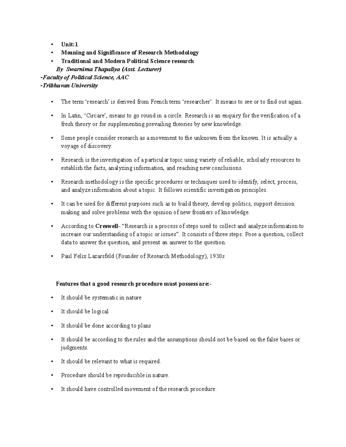 R.M. Note-I Research Methodology - Research Work - TU - Studocu