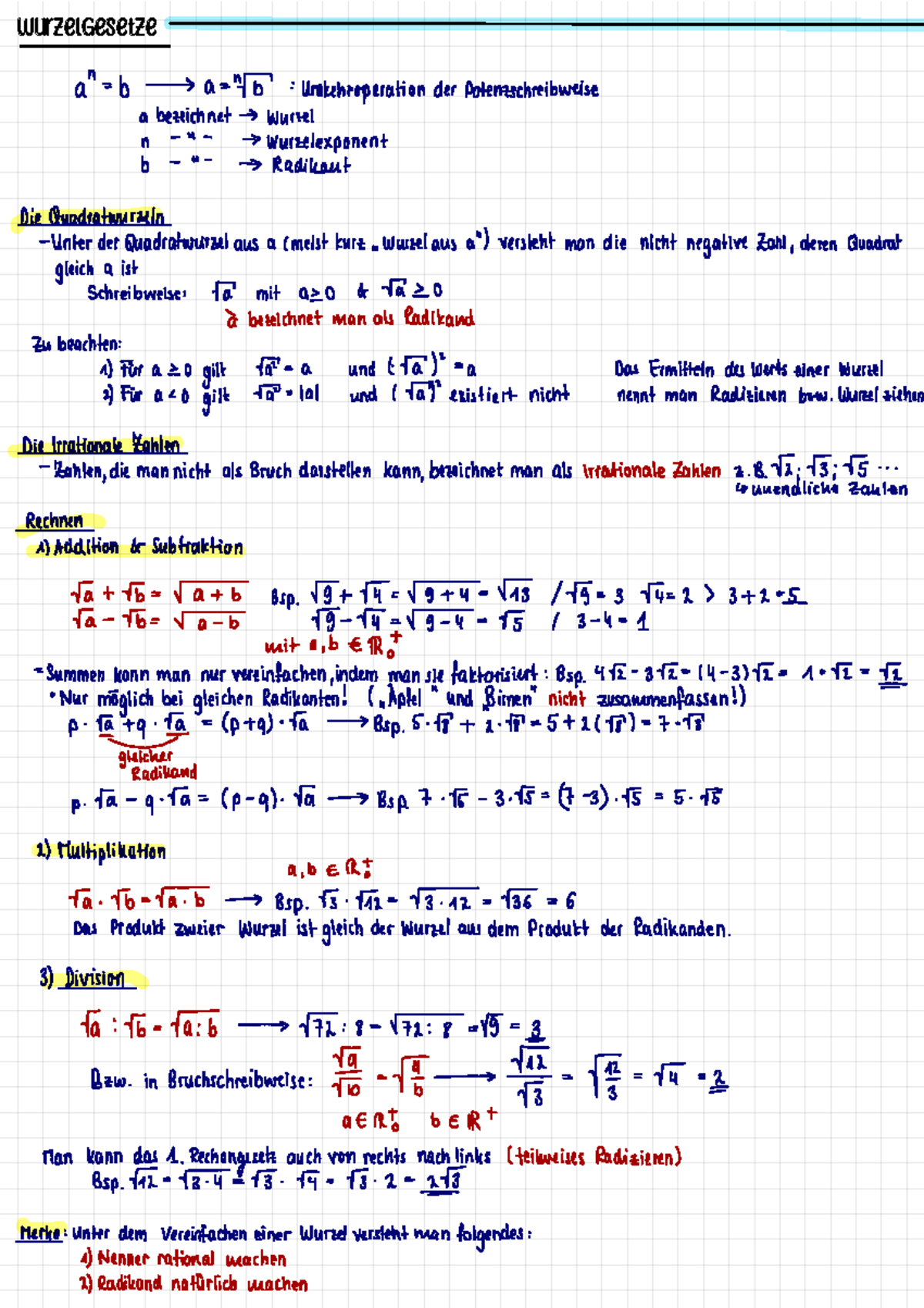 Wurzelrechnung - Formeln und Rechenschritte - Mathematik I (Bau ...