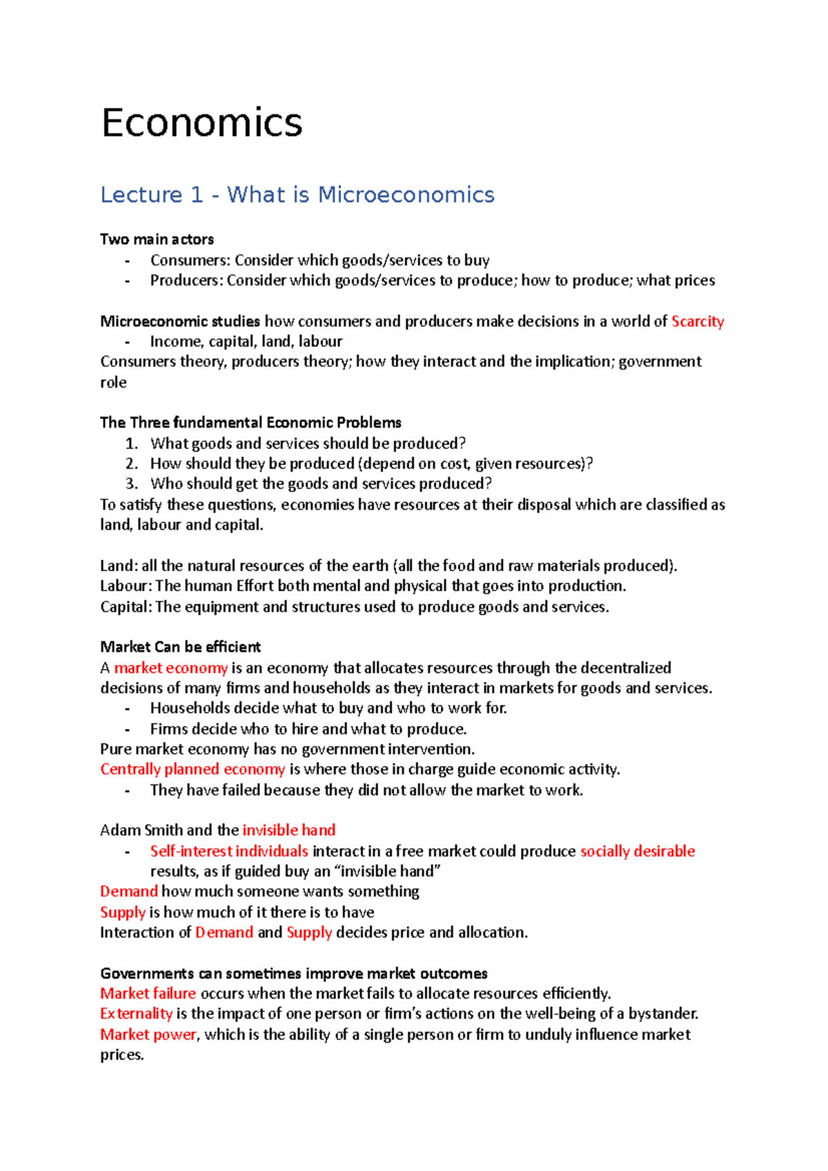 Economics - Micro - Economics Lecture 1 What is Microeconomics Two main ...