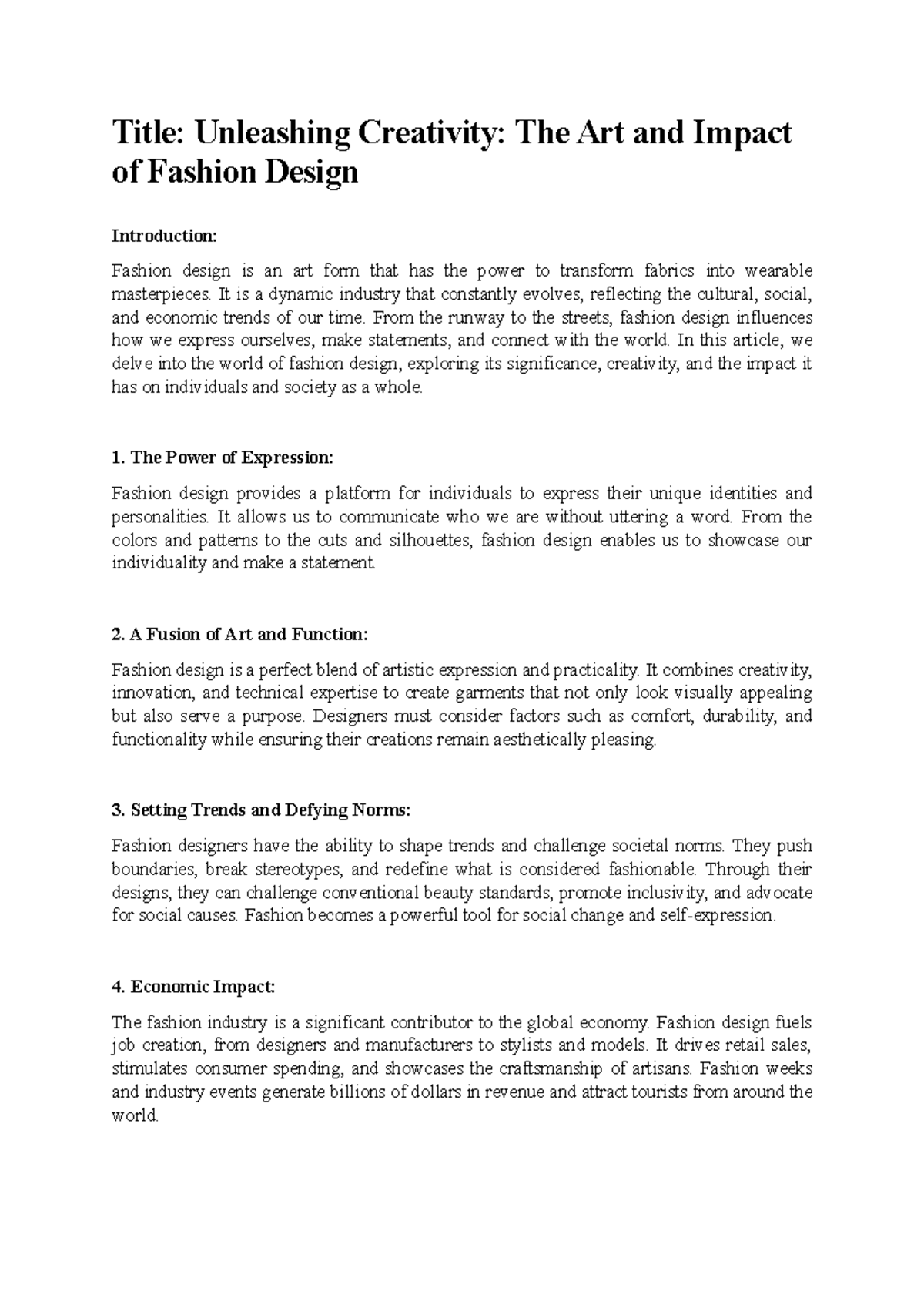 Fashion Design - Title: Unleashing Creativity: The Art and Impact of ...