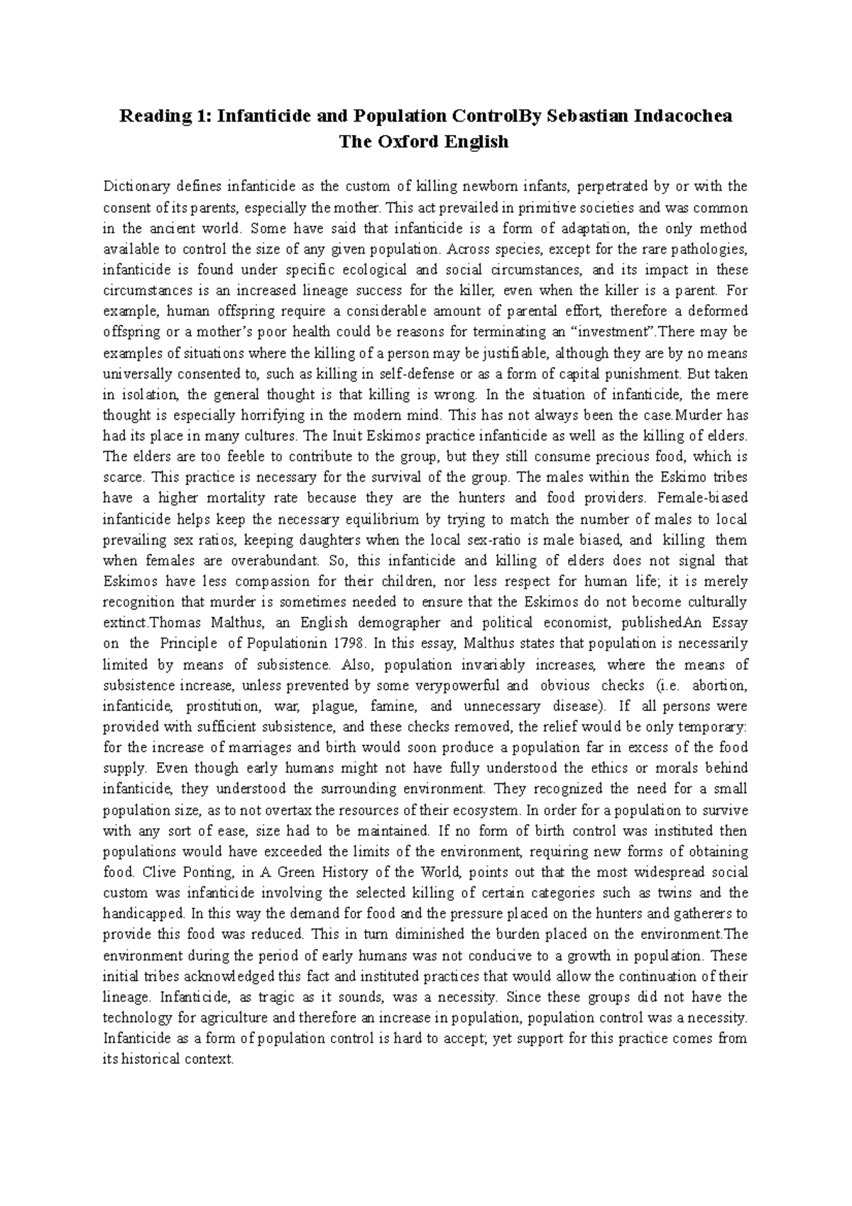 Reading chap 1 - Infanticide and Population Control - Reading 1: Infanticide and Population ...