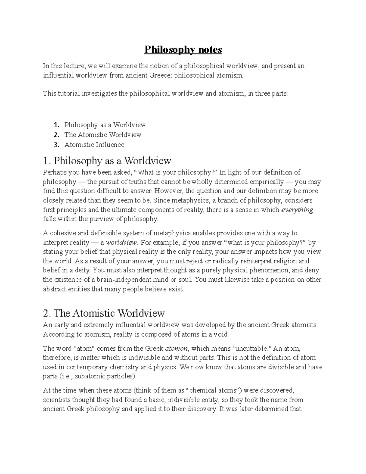 Philosophy 4 - notes - Philosophy notes In this lecture, we will ...