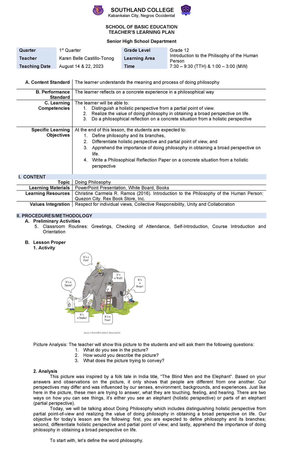 LP- Philo-Week1 - Lesson Plan - Kabankalan City, Negros Occidental SCHOOL OF BASIC EDUCATION ...