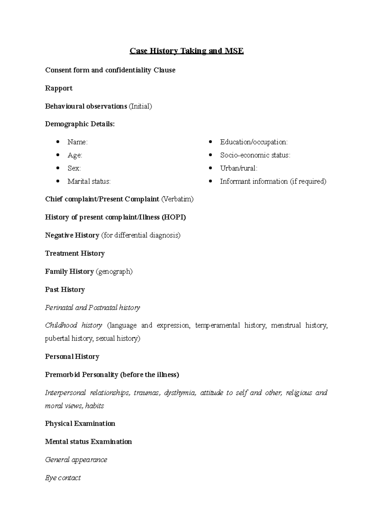 Case History Taking and MSE - Case History Taking and MSE Consent form ...