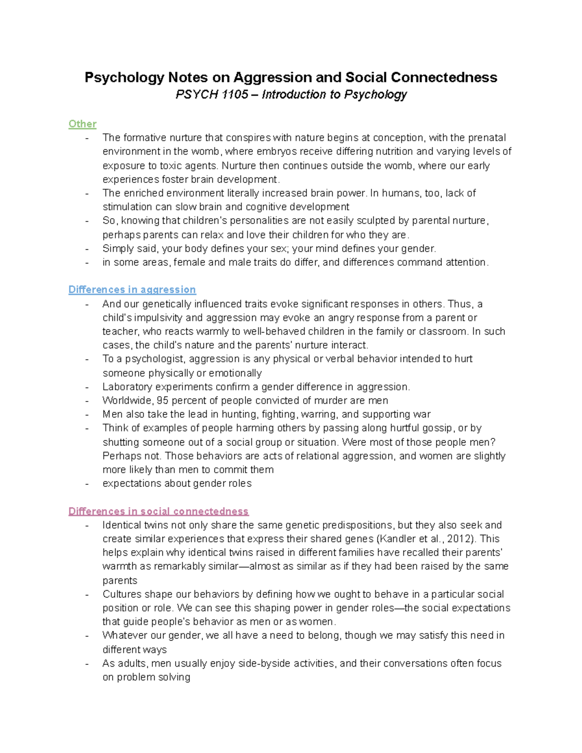 Psychology Notes on Aggression and Social Connectedness - Nurture then ...