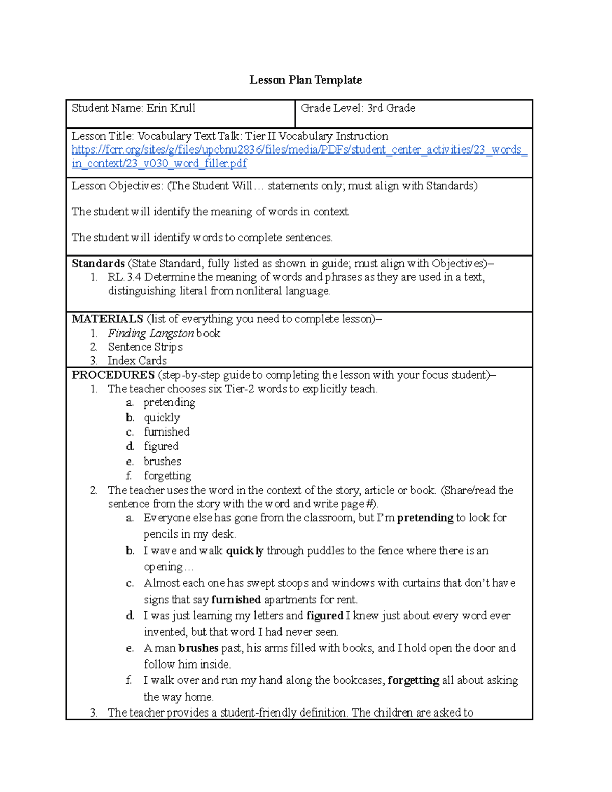 Text talk lesson - assignment - Lesson Plan Template Student Name: Erin ...