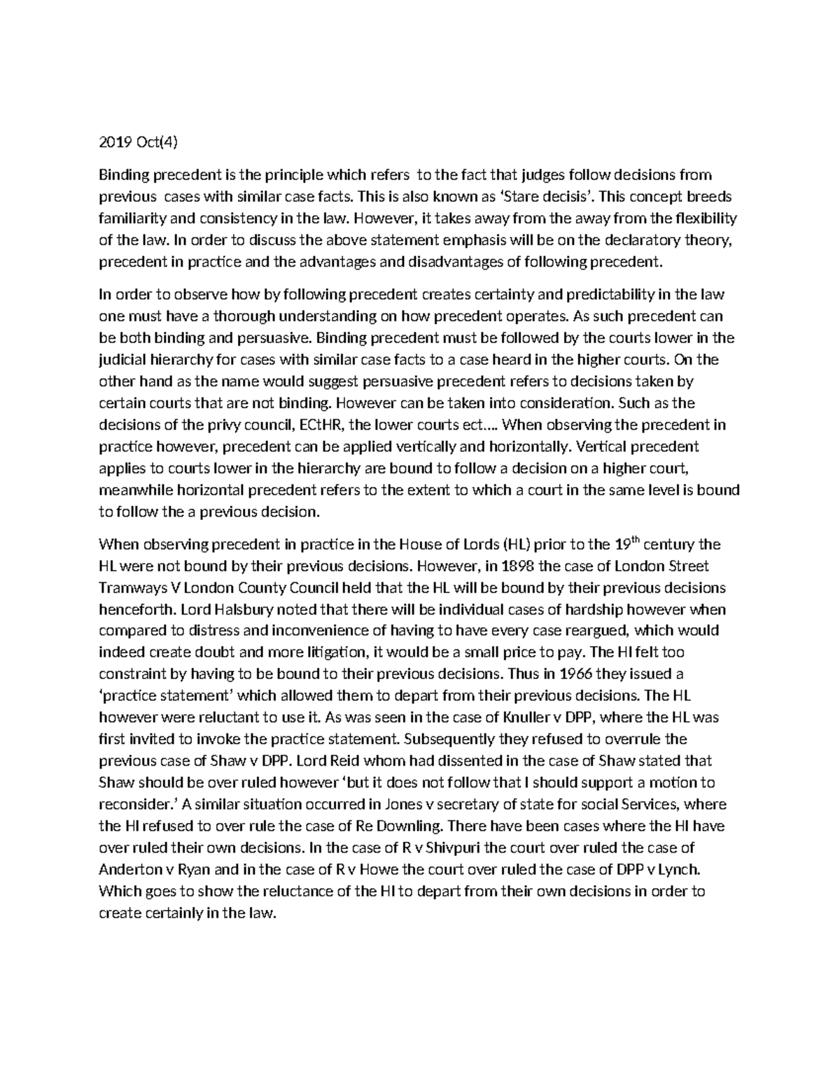 2019 %20Oct%20BP - Essays - 2019 Oct(4) Binding precedent is the ...