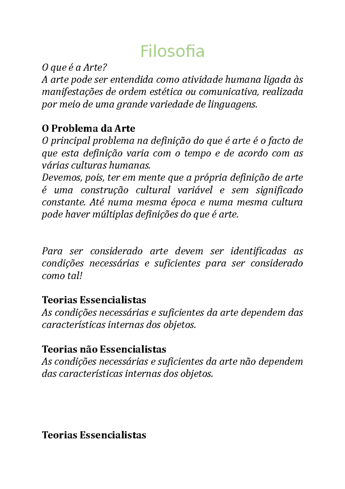Resumo Filosofia - Filosofia O que é a Arte? A arte pode ser entendida ...