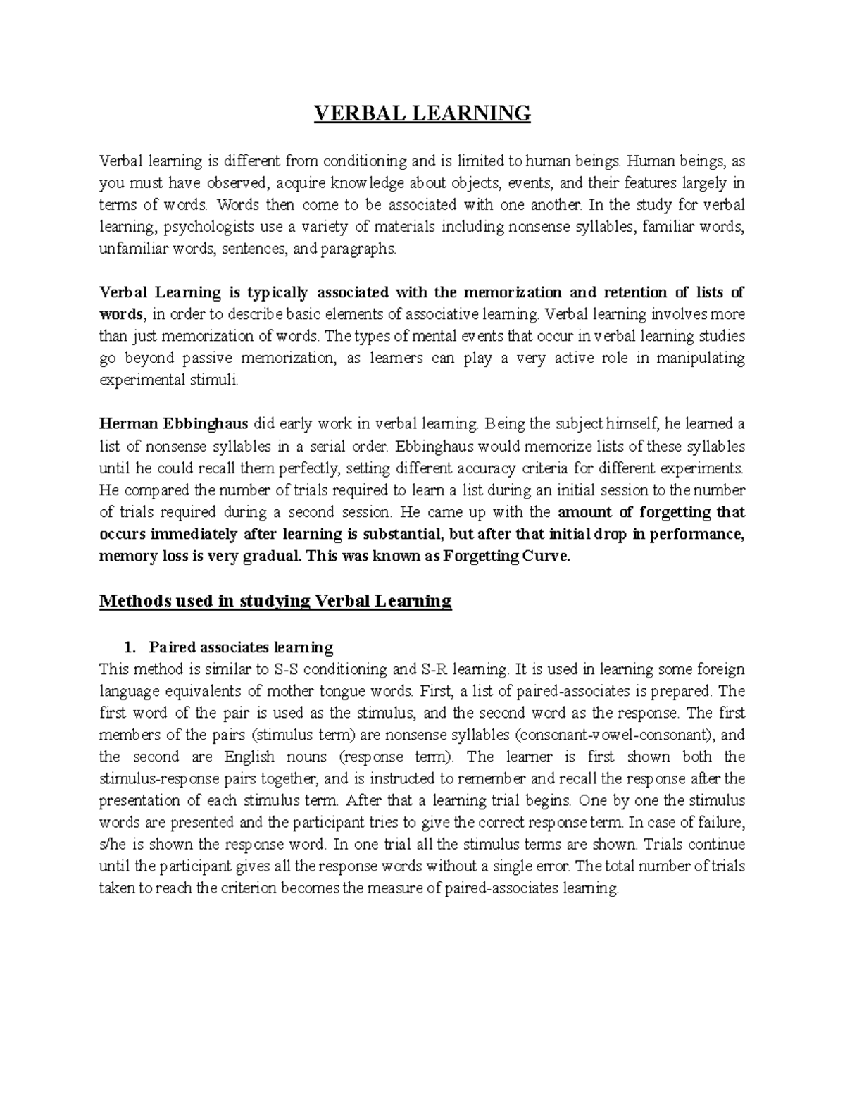 Verbal Learning - Summary Basic Psychological Processes - VERBAL ...