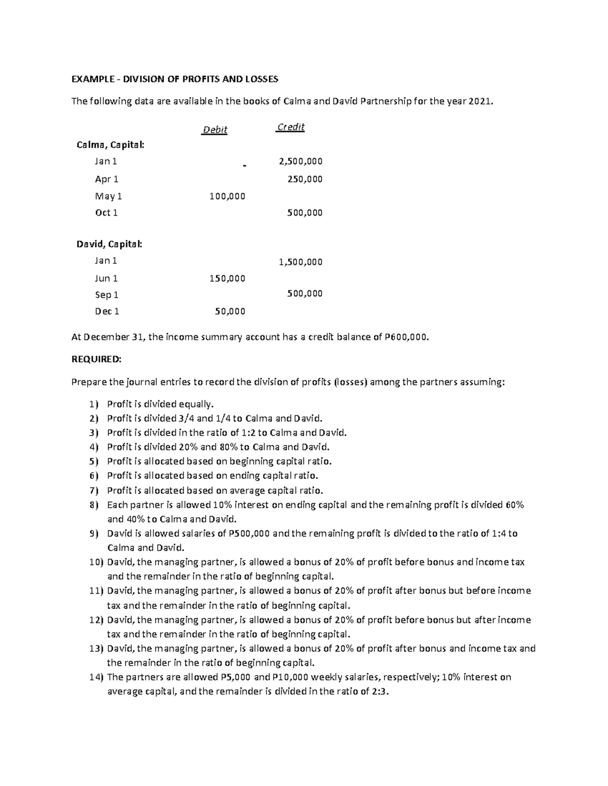 Example - Partnership Operations (PART 1) - EXAMPLE - DIVISION OF ...