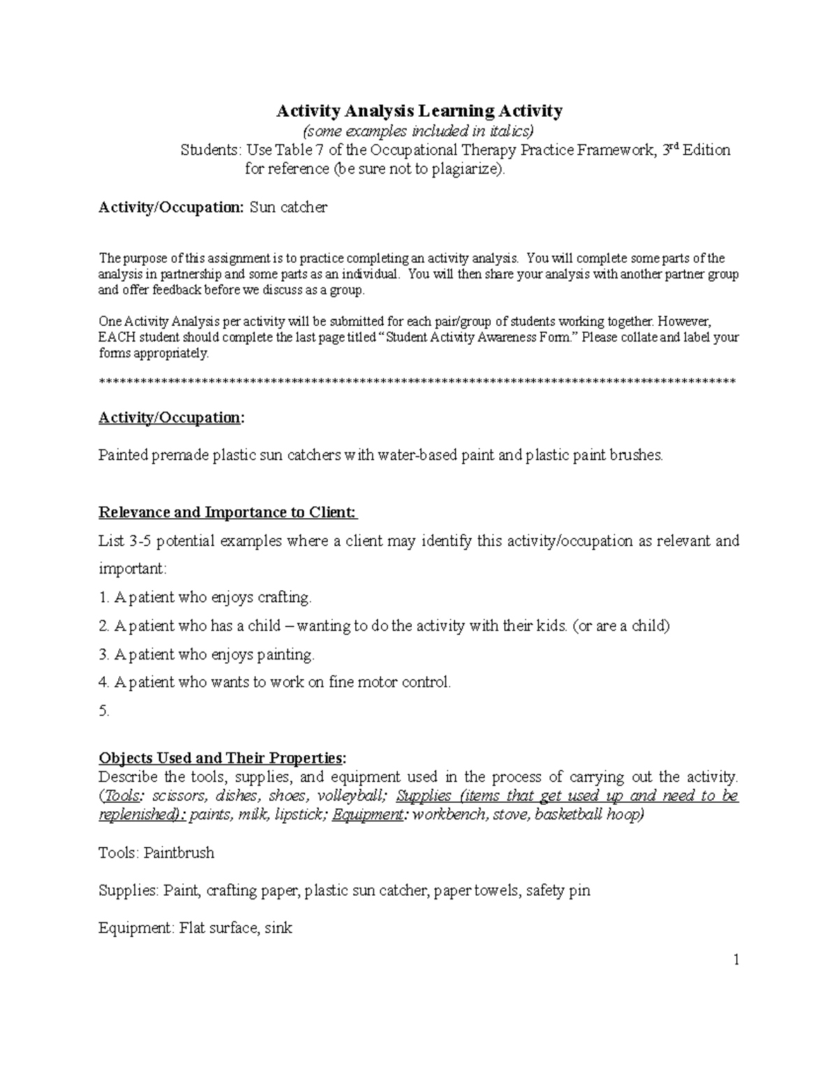 Activity analysis assignment - Activity Analysis Learning Activity ...