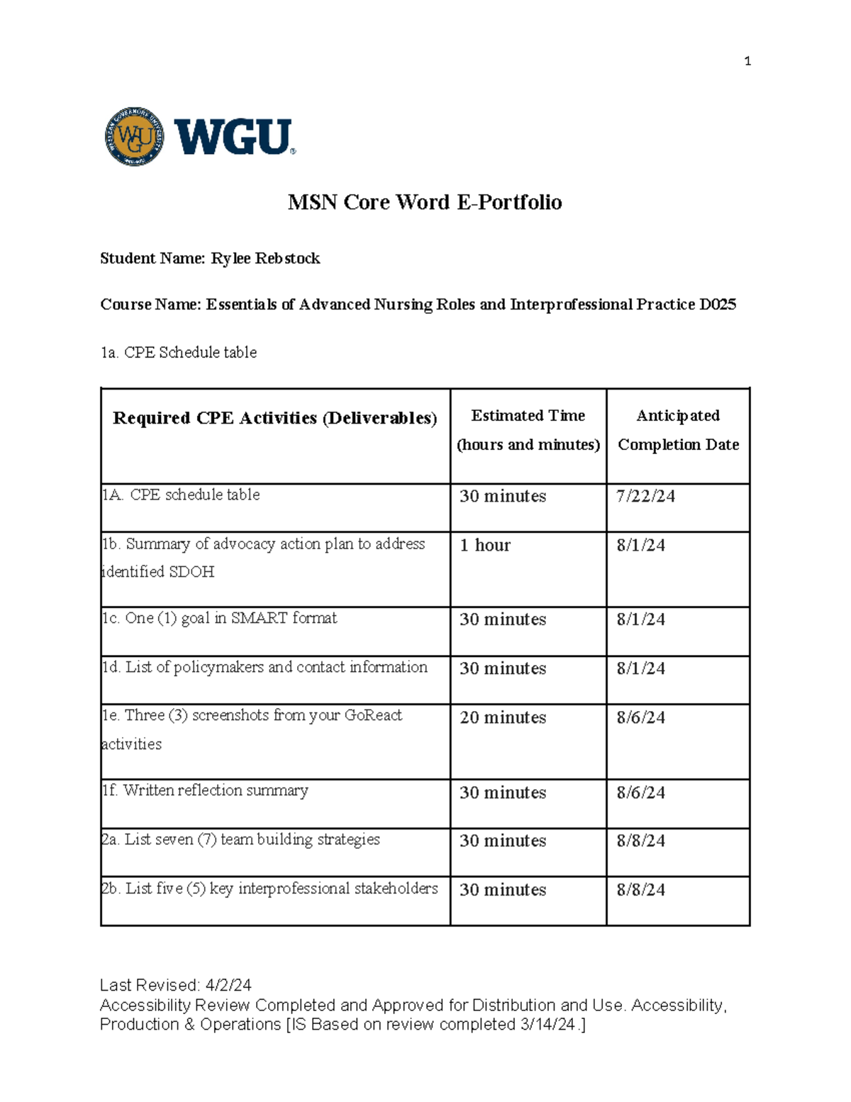 D025 E Portfoliio - E-Portfolio - MSN Core Word E-Portfolio Student Name: Rylee Rebstock Course ...