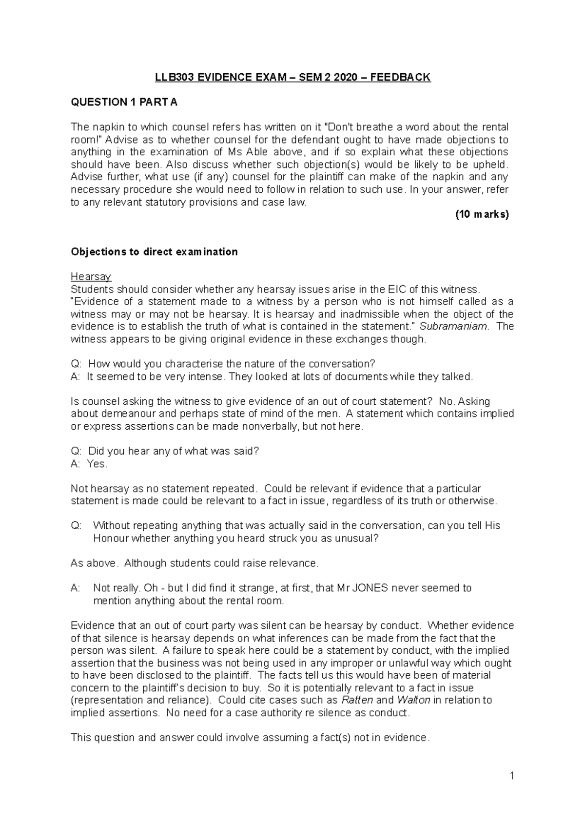 Sem 2 2020 - Exam Feedback - LLB303 EVIDENCE EXAM – SEM 2 2020 ...