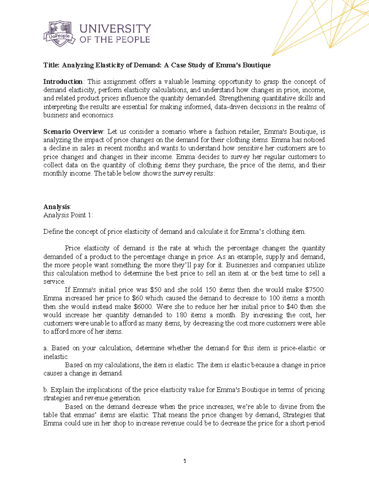 Analyzing Elasticity of Demand A Case Study of Emmas Boutique - Michael Henry - Title: Analyzing ...
