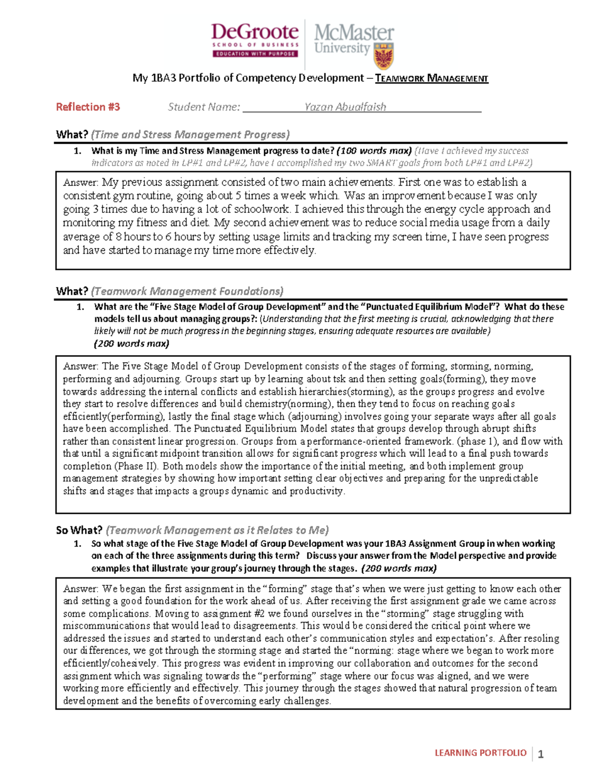 Learning Portfolio #3 - LEARNING PORTFOLIO 1 My 1BA3 Portfolio of ...