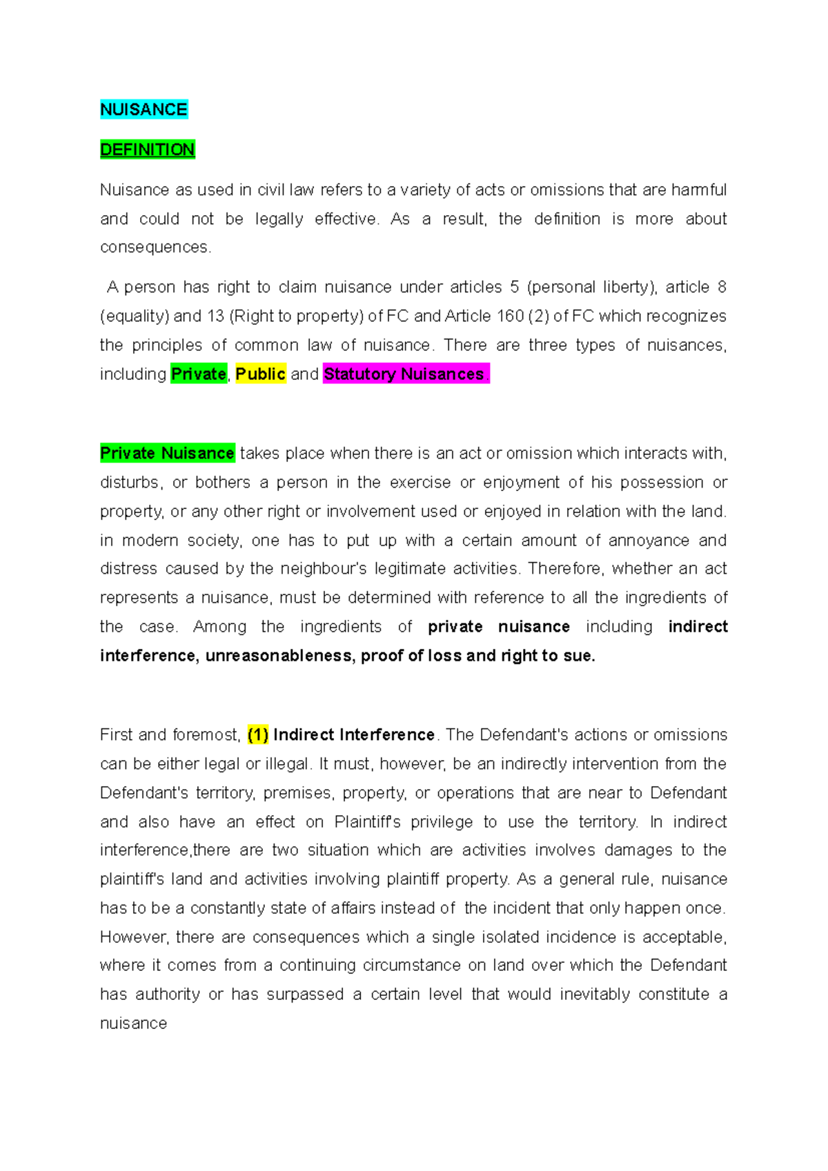 Nuisance LAW - notes law245 - NUISANCE DEFINITION Nuisance as used in ...