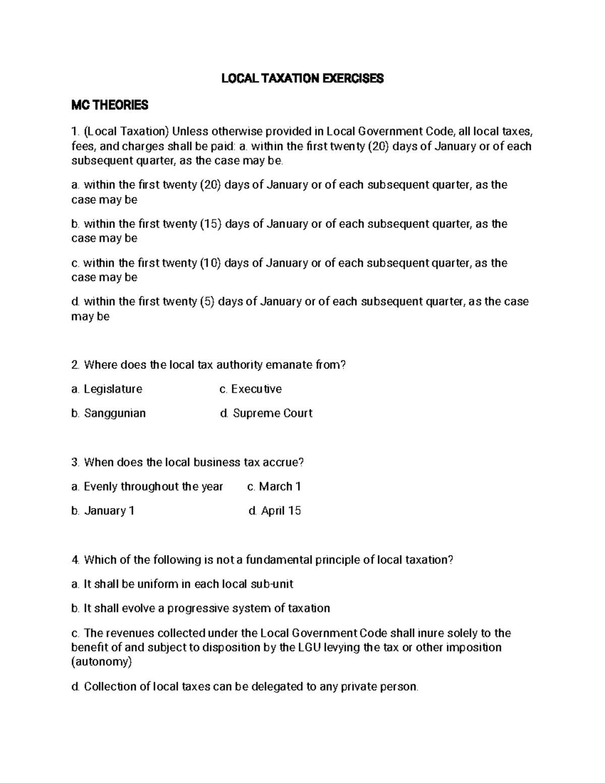 Local Tax Exercise - Tax - LOCAL TAXATION EXERCISES MC THEORIES (Local ...