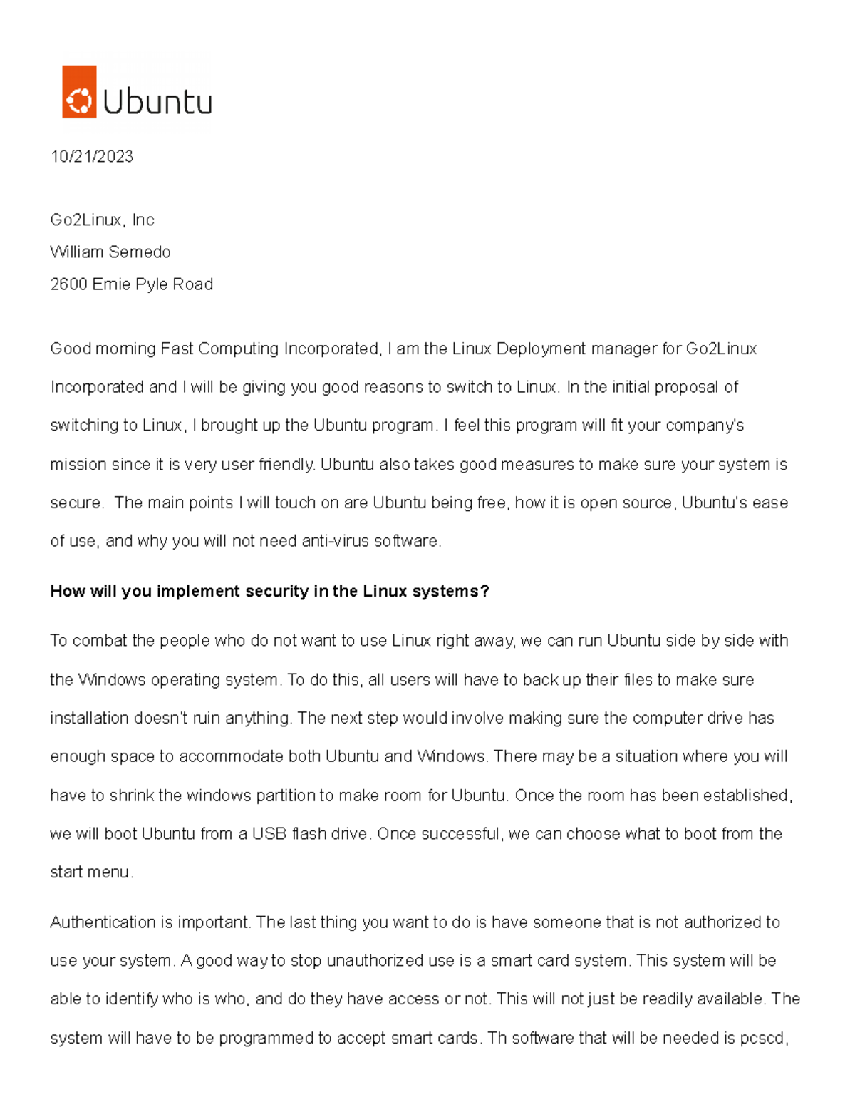 Linux paper UMGC Project 2 - 10/21/ Go2Linux, Inc William Semedo 2600 ...