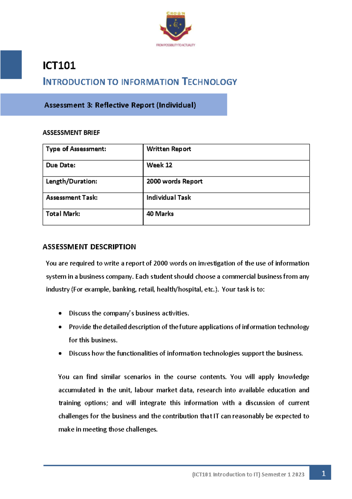 ICT101- Assessment 3- Reflective Report 2023-T1 - ICT INTRODUCTION TO ...