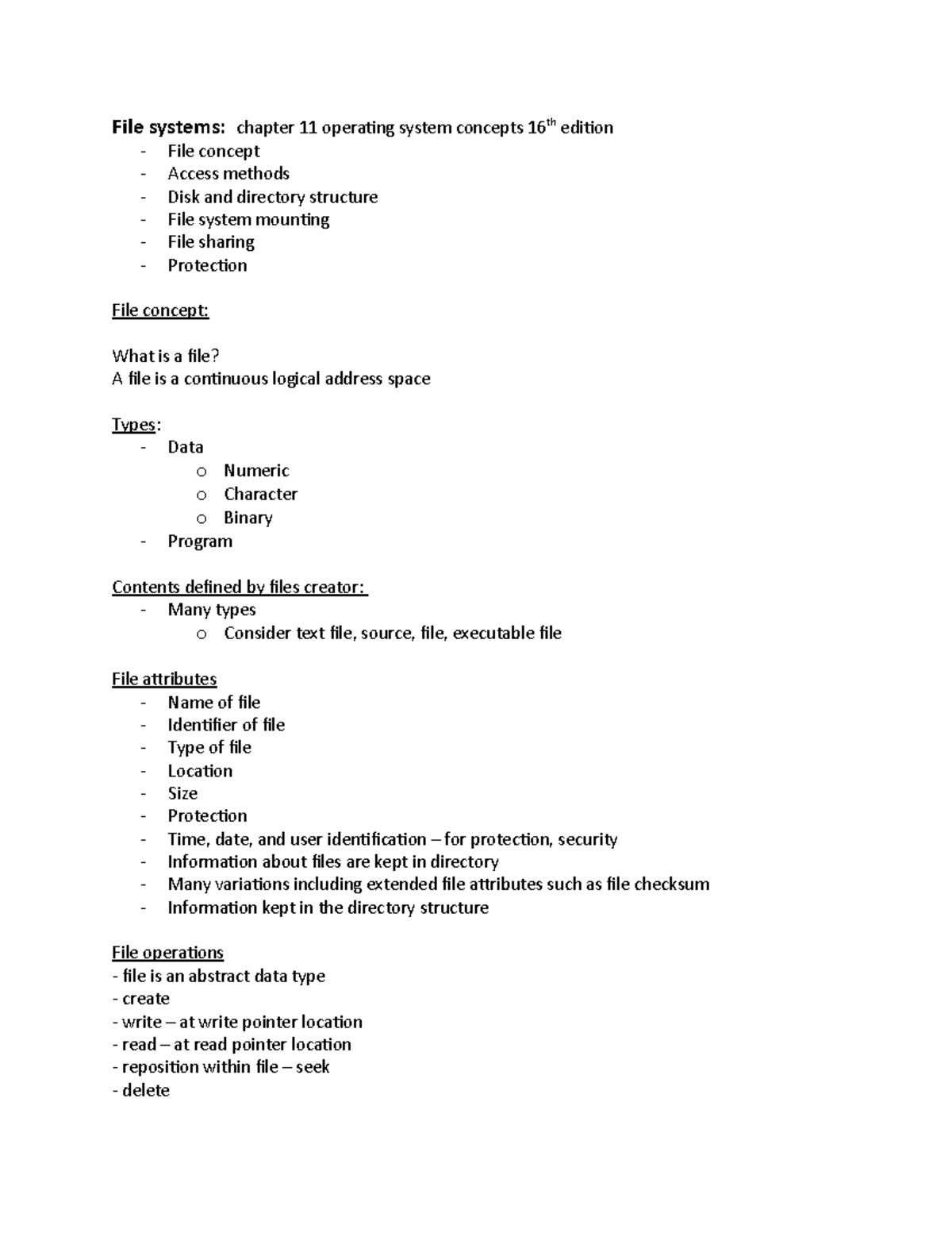 File systems notes - File systems: chapter 11 operating system concepts ...