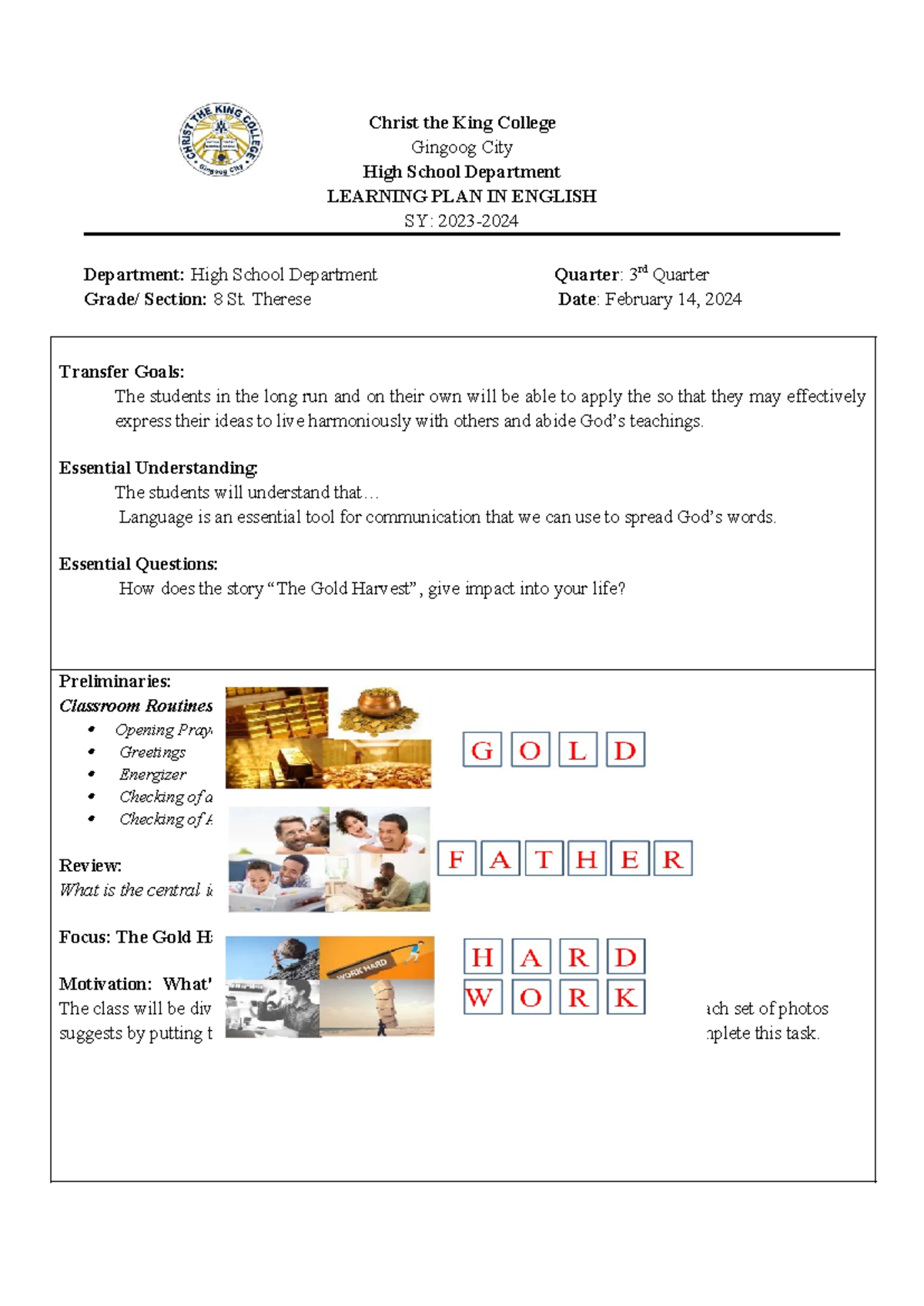 TGH LP - Lesson Plan - Christ the King College Gingoog City High School ...