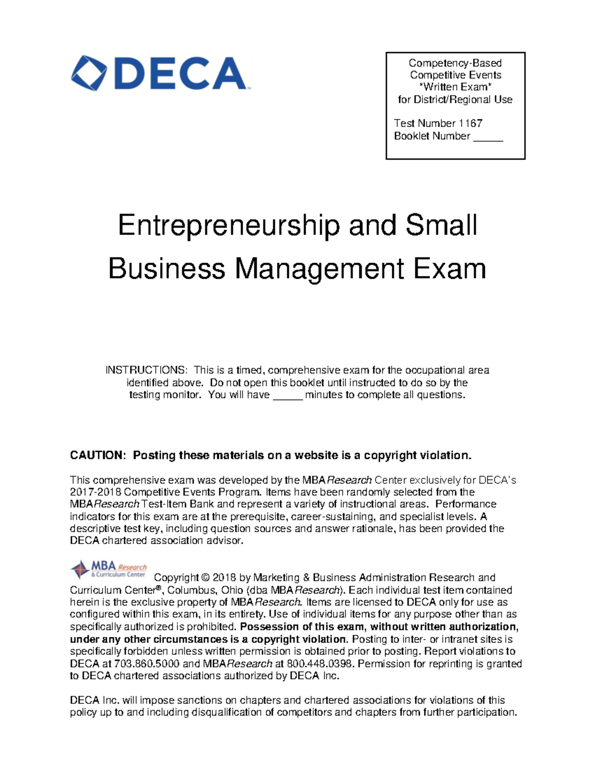 HS Entrepreneurship Sample Exam 2018 - Entrepreneurship and Small ...