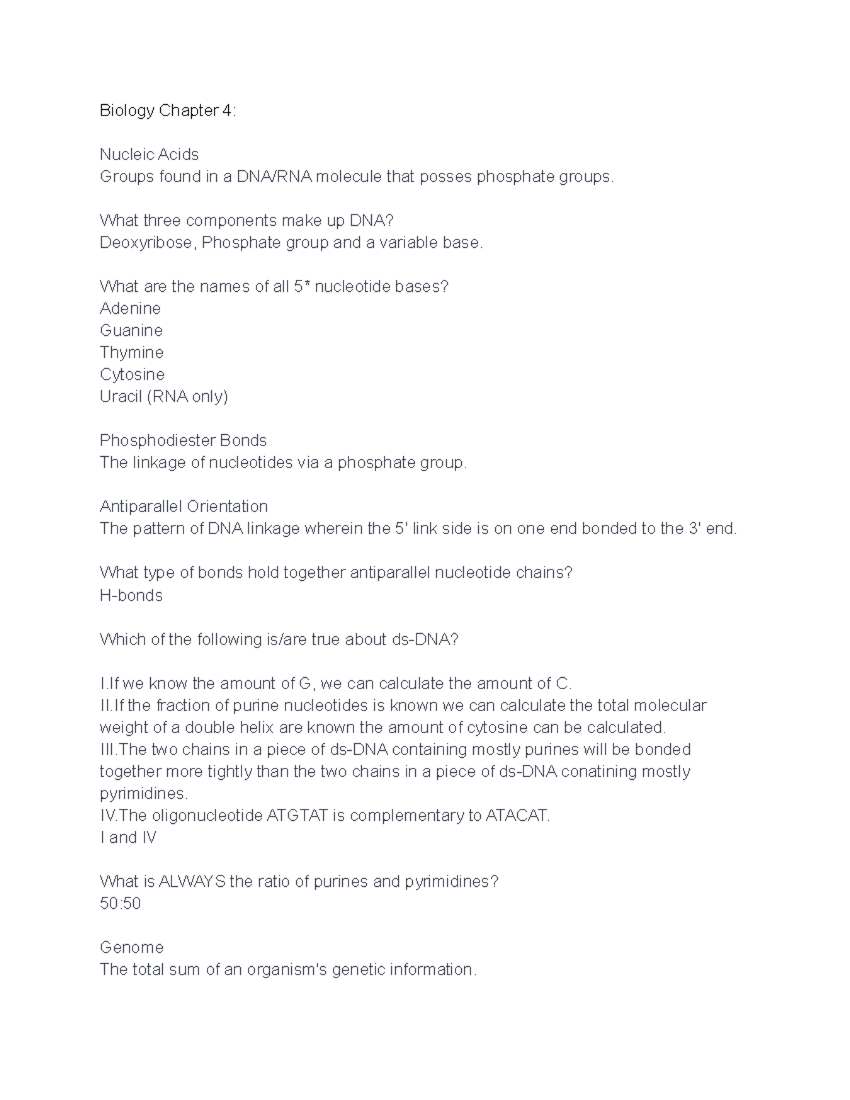 Biology Chapter 4 - definitions - Biology Chapter 4: Nucleic Acids ...