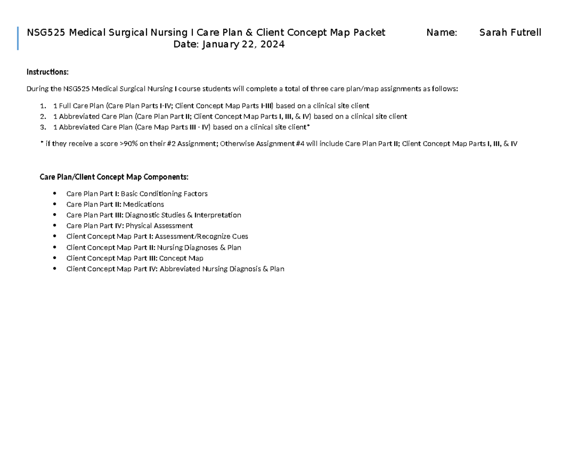 Final NSG525 Care Plan Client Concept Map Packet Final - NSG525 Medical ...