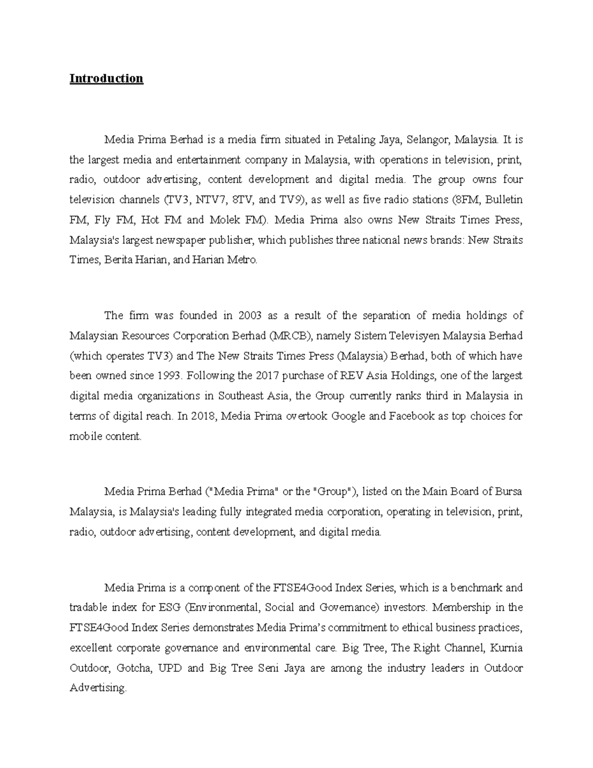 P.Management Group Assignment - Introduction Media Prima Berhad is a ...