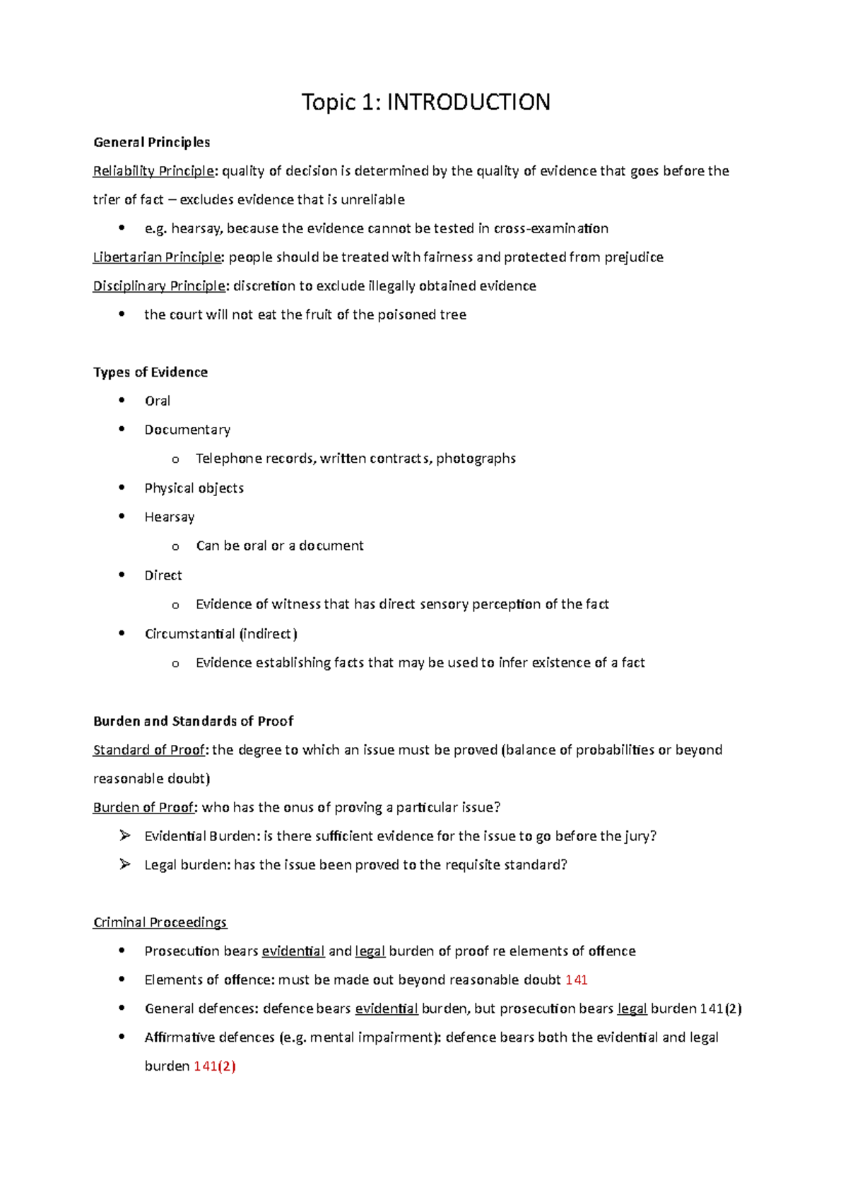 My Evidence Notes - Topic 1: INTRODUCTION General Principles ...