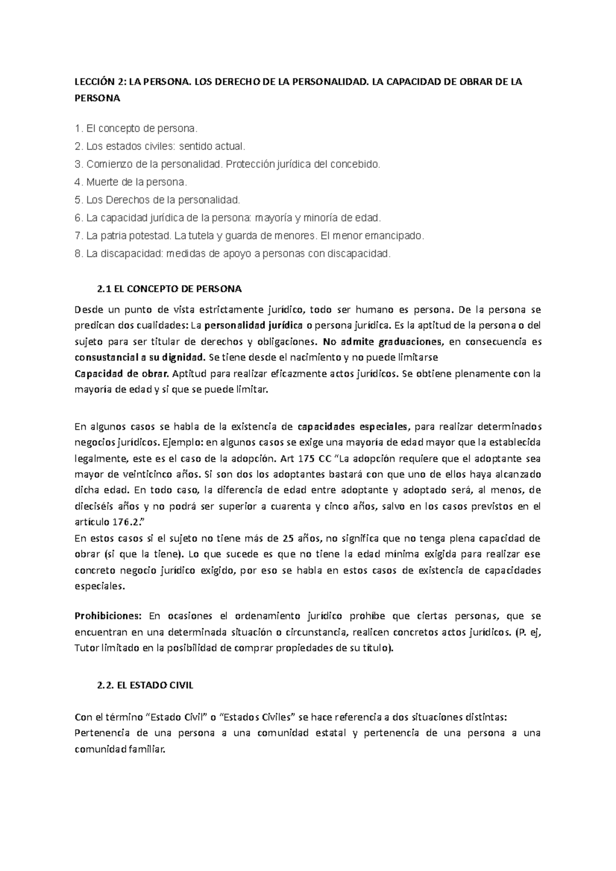 Lección 2 La Persona. Los Derecho de la Personalidad. La capacidad de ...