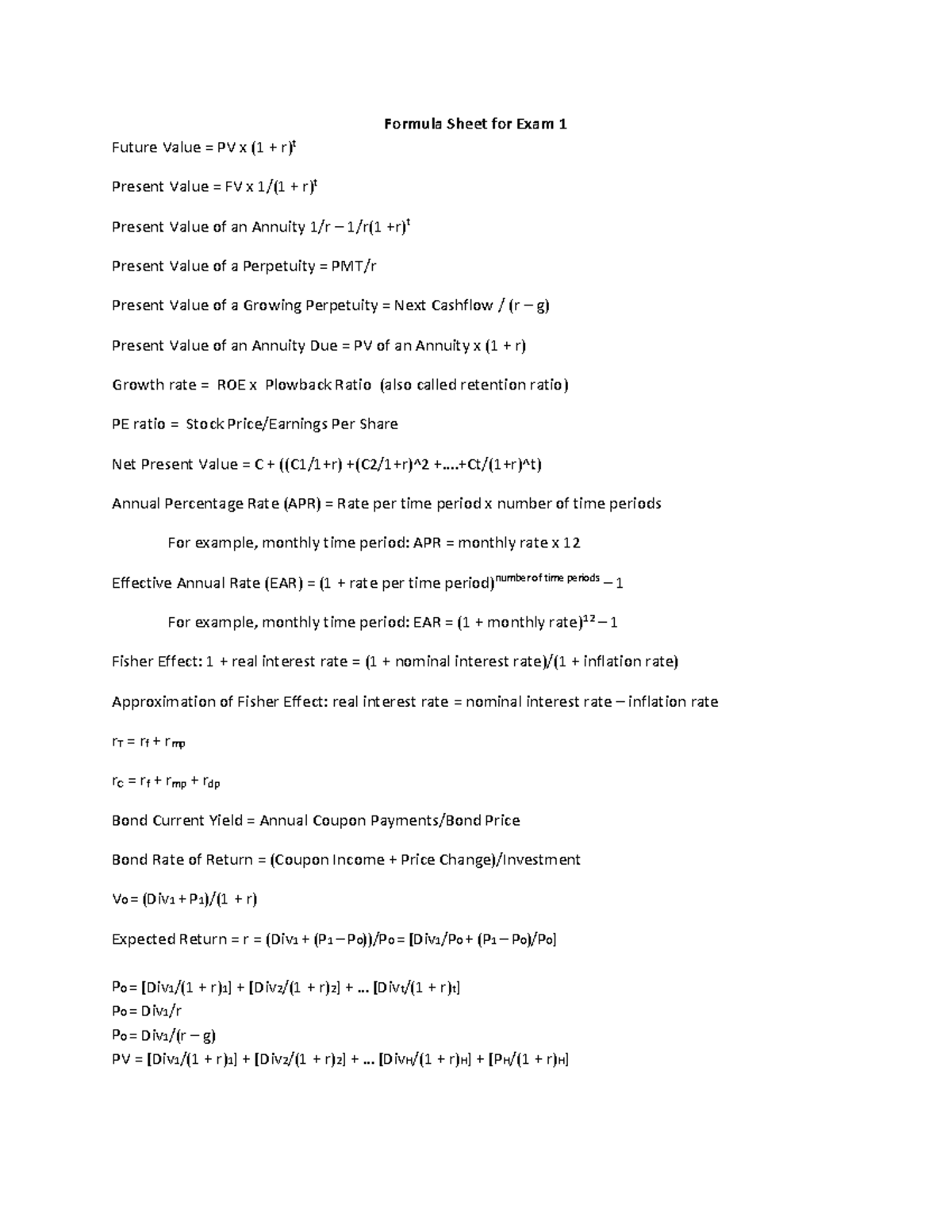 F370 Exam One Formula Sheet - Warning: TT: undefined function: 32 Formula Sheet for Exam 1 ...