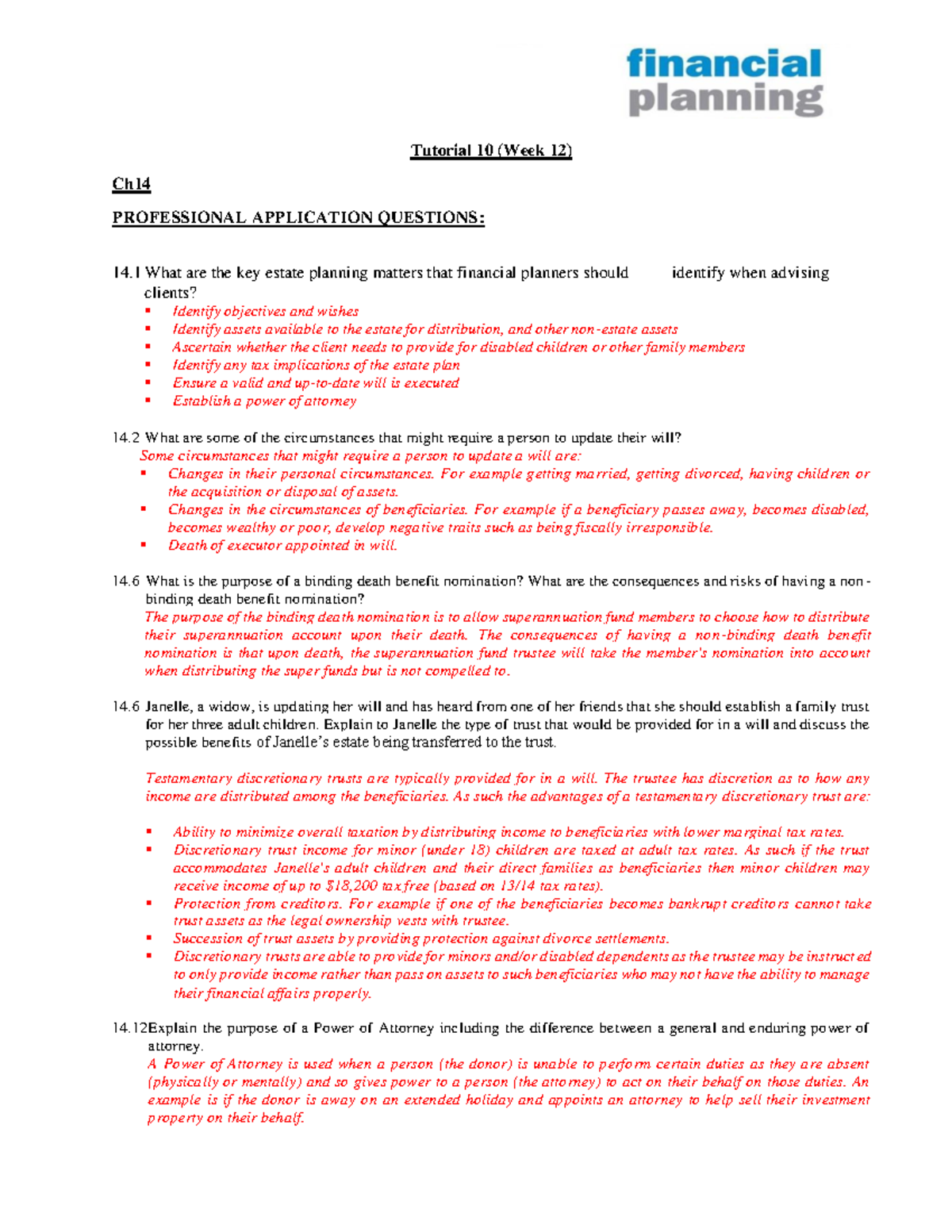 Tutorial 10 Solutions - Tutorial 10 (Week 12) Ch14 PROFESSIONAL ...