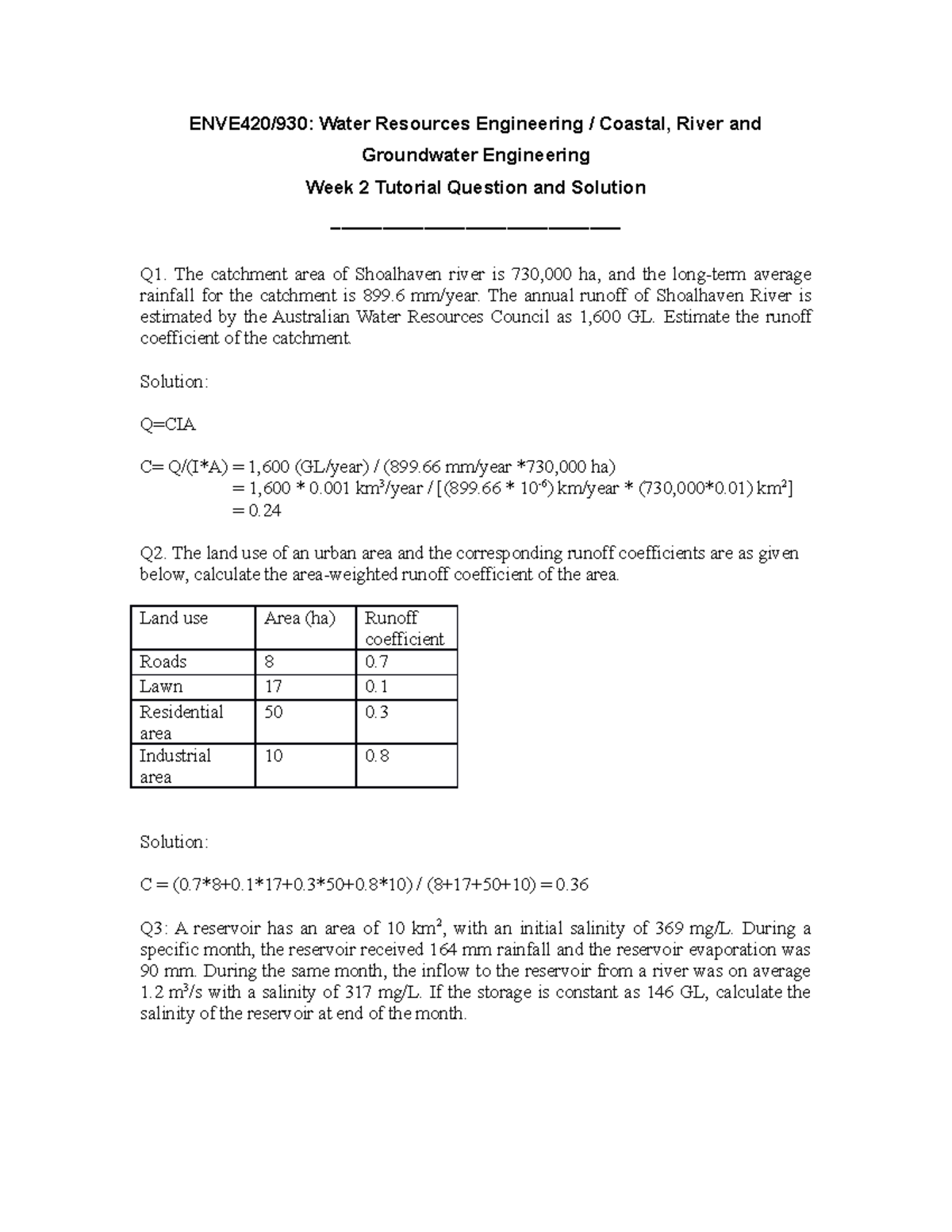Week 2 QA - Week 2 Tutorial answers - ENVE420/930: Water Resources ... Week 2 QA - Week 2 Tutorial answers - ENVE420/930: Water Resources ...