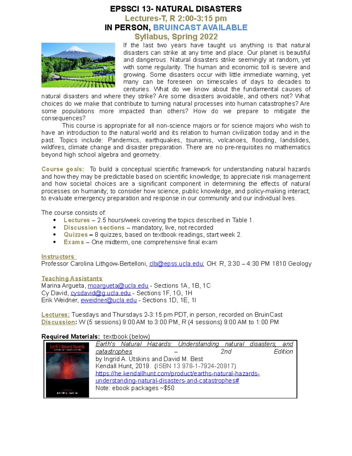 Syllabus 2022 - EPSSCI 13- NATURAL DISASTERS Lectures-T, R 2:00-3:15 pm ...